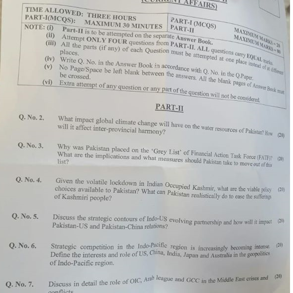 Current Affairs Paper CSS 2020 General Knowledge Paper 2