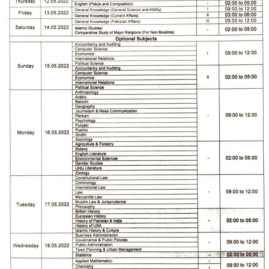 Competitive Examination CSS 2022 Written Exam Date sheet Competitive Examination CSS 2022 Written Exam Date sheet