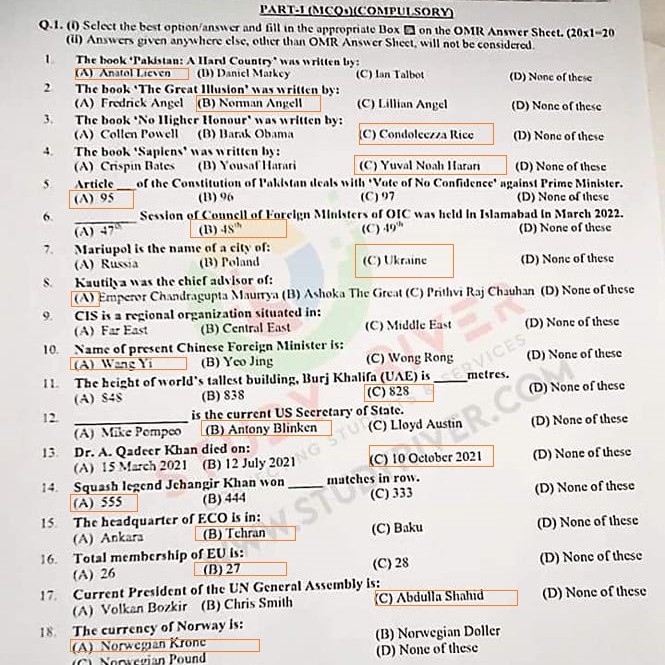 Current Affairs Paper CSS 2022